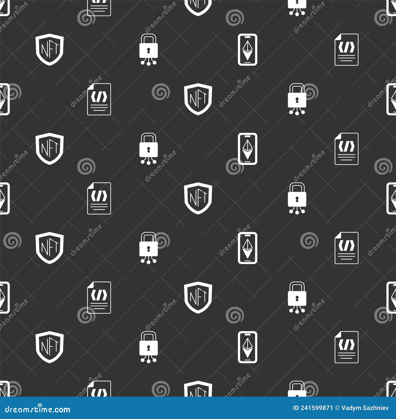 Set Ethereum ETH, Binary Code, NFT Shield and Cyber Security on Seamless Pattern. Vector Stock ...