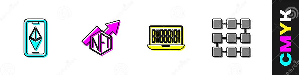 Set Ethereum ETH, NFT Growth Bar Chart, Binary Code and Blockchain ...