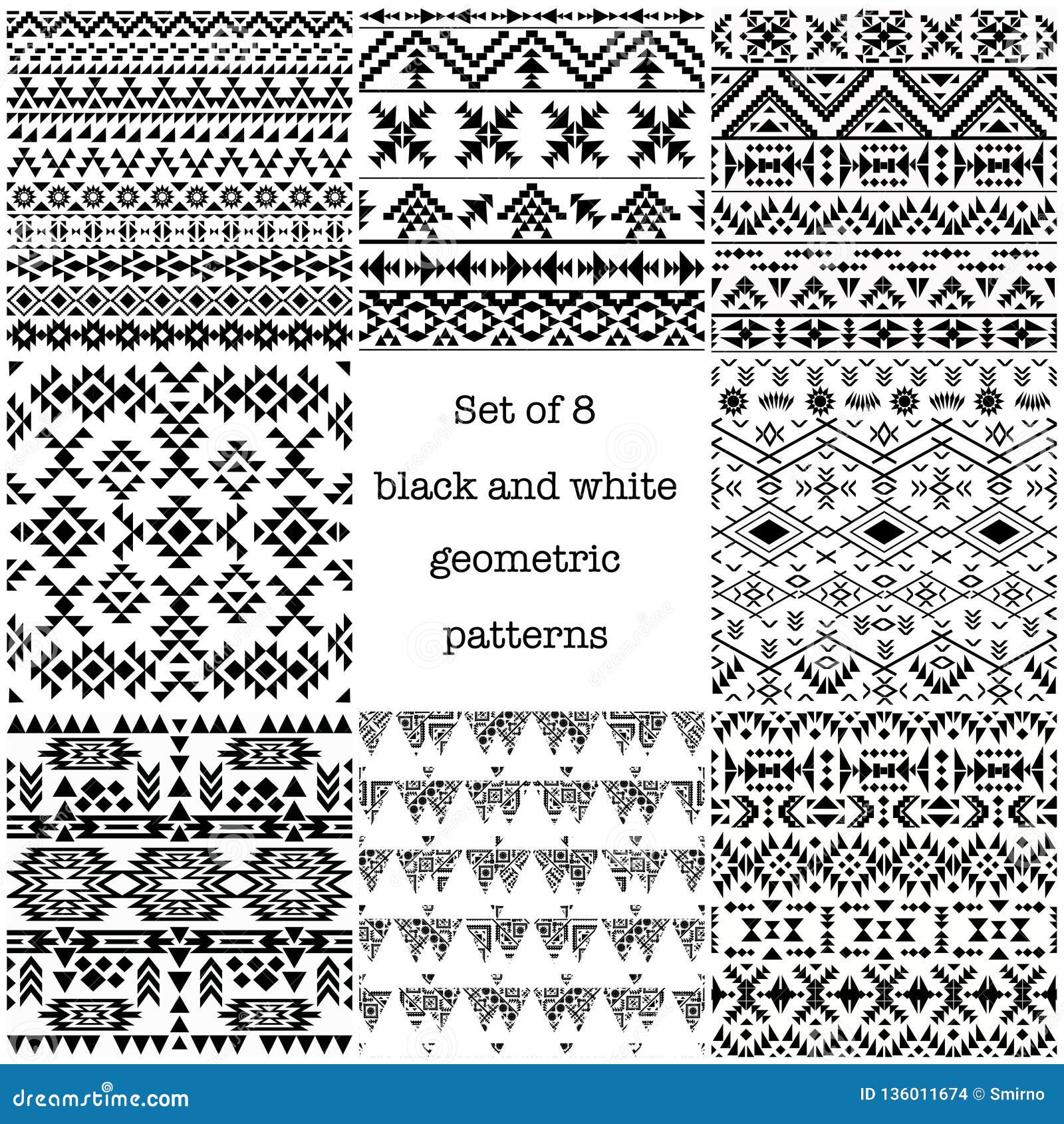 Set of 8 Ethnic Black and White Geometric Patterns Stock Vector ...