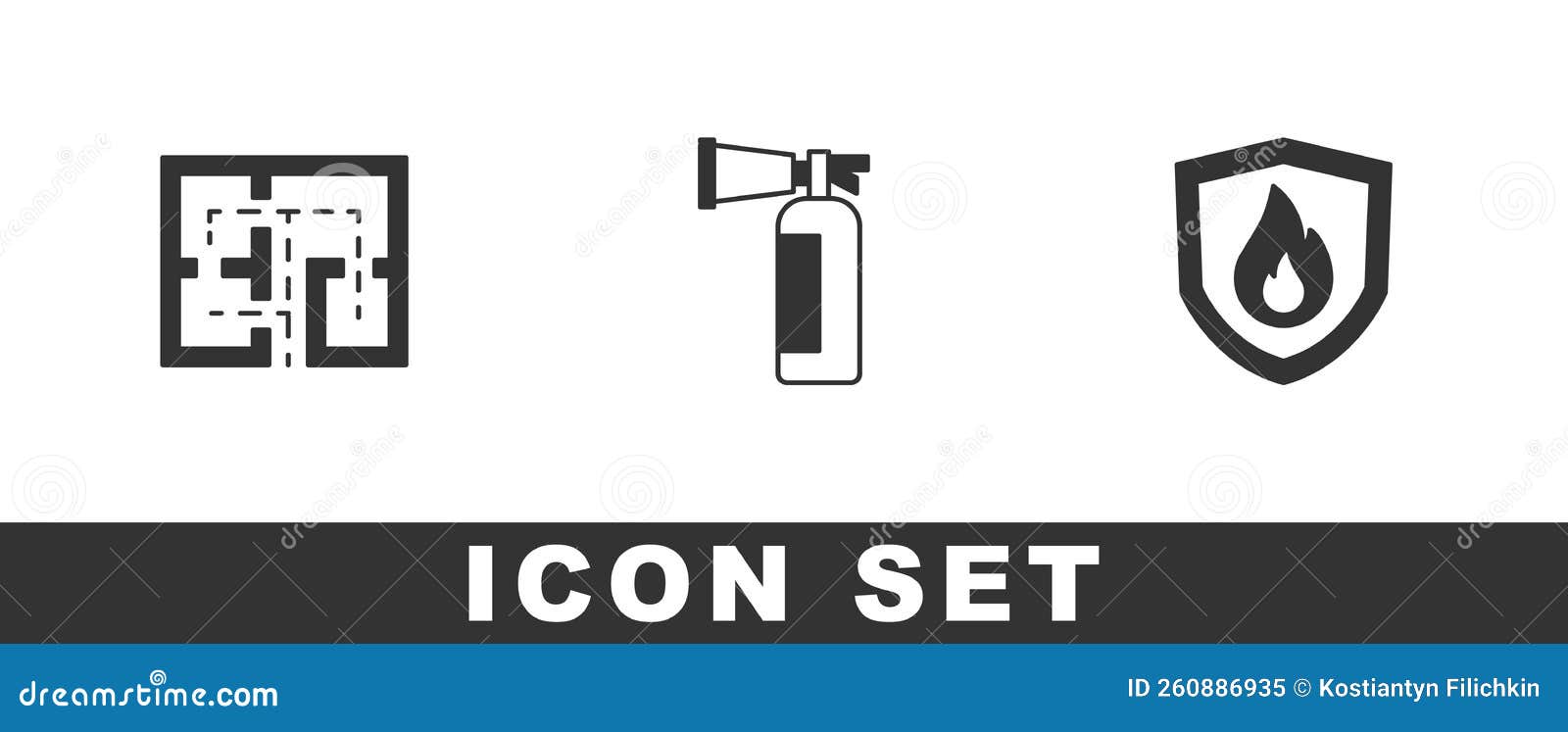 Set Evacuation Plan, Fire Extinguisher and Protection Shield Icon ...
