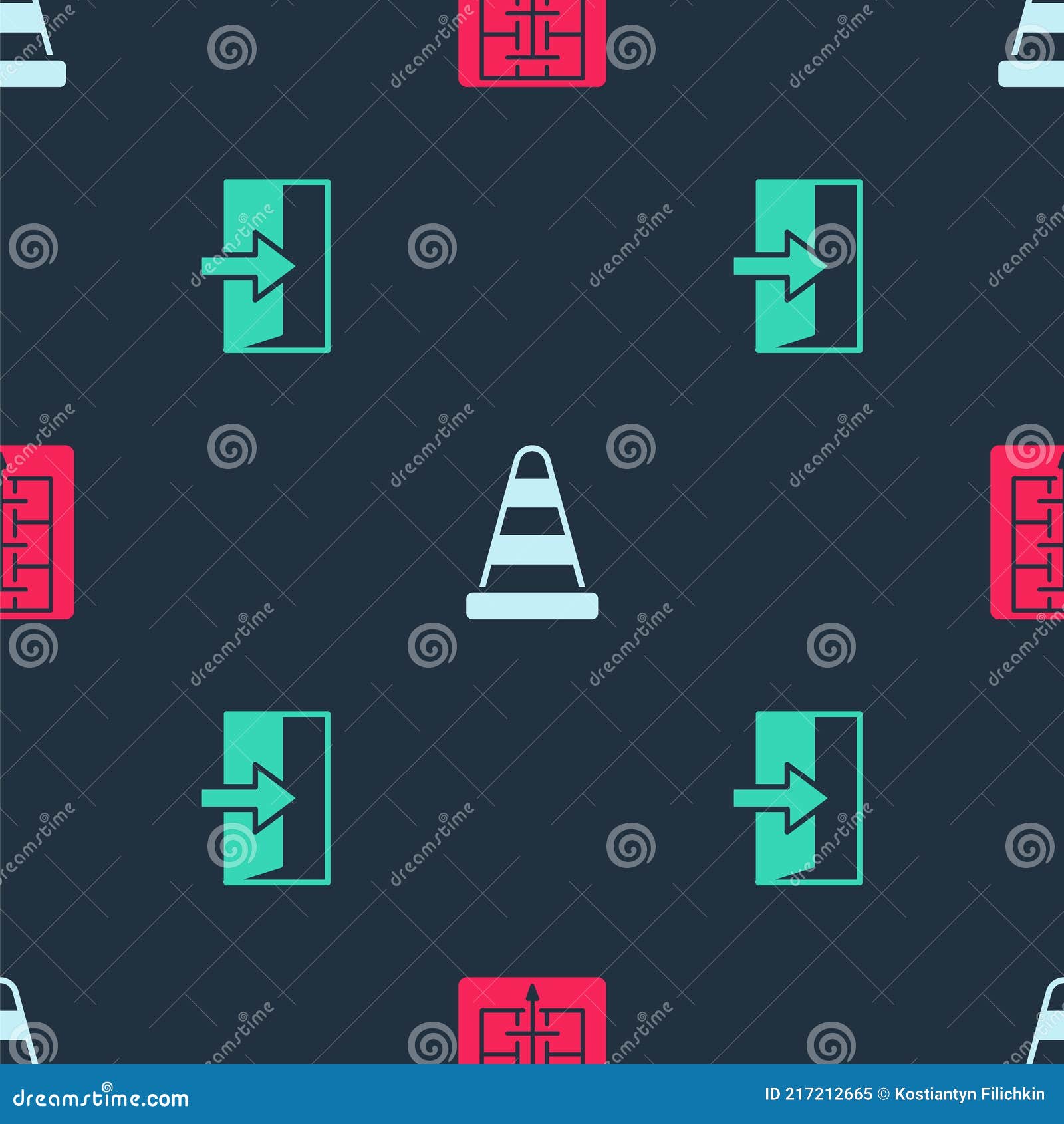 Set Evacuation Plan, Traffic Cone and Fire Exit on Seamless Pattern ...