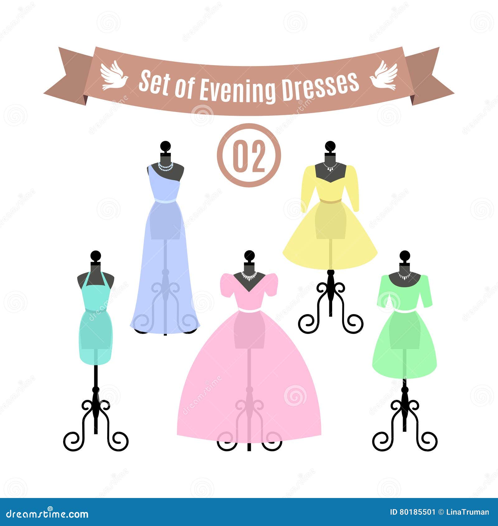 Set of Evening Dresses. Vintage Dresses on Mannequins. Vector. Stock ...