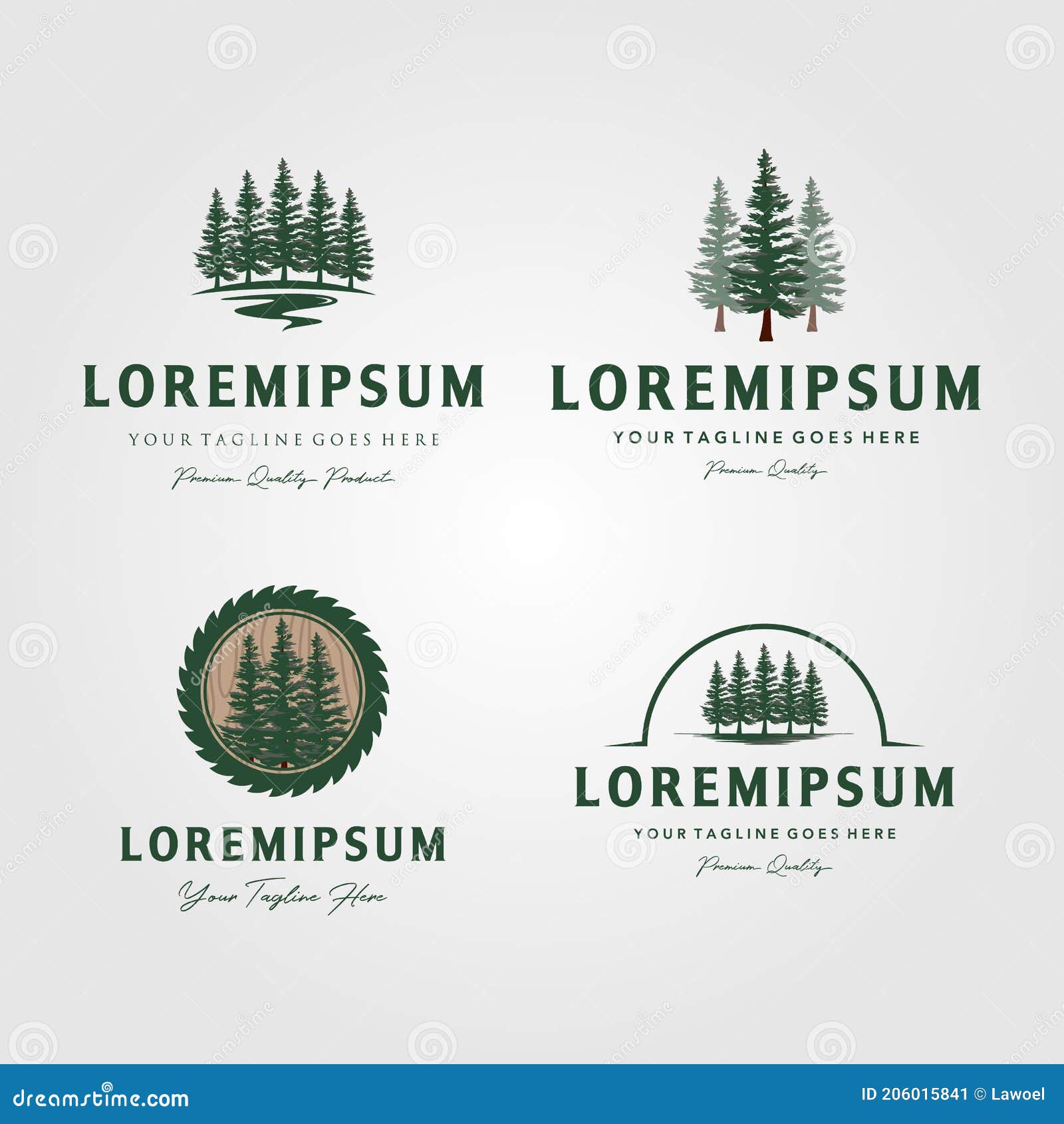 Set of Evergreen Pine Tree Logo Vintage with River Creek Vector Emblem ...