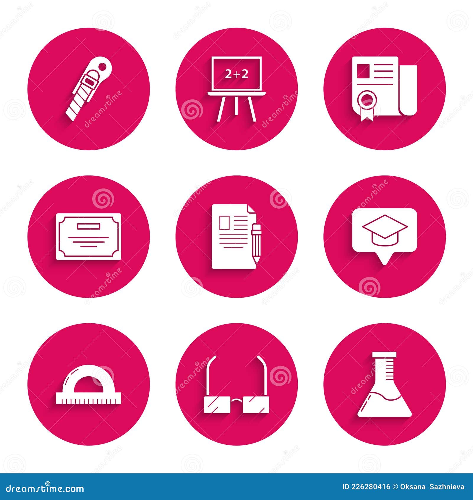 Set Exam Sheet and Pencil with Eraser, Graduation Cap in Speech Bubble ...