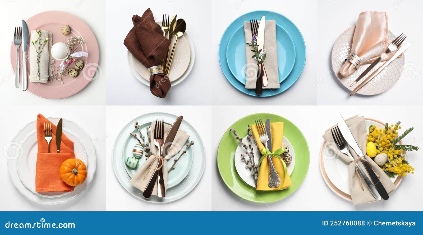 Set with Examples of Different Beautiful Table Settings on White ...