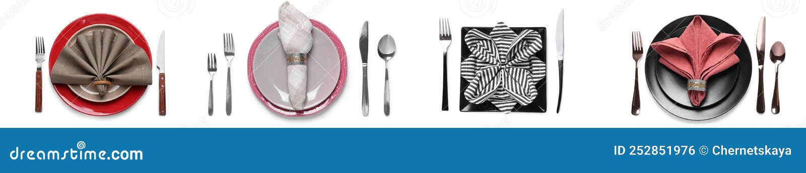 Set with Examples of Different Beautiful Table Settings on White ...
