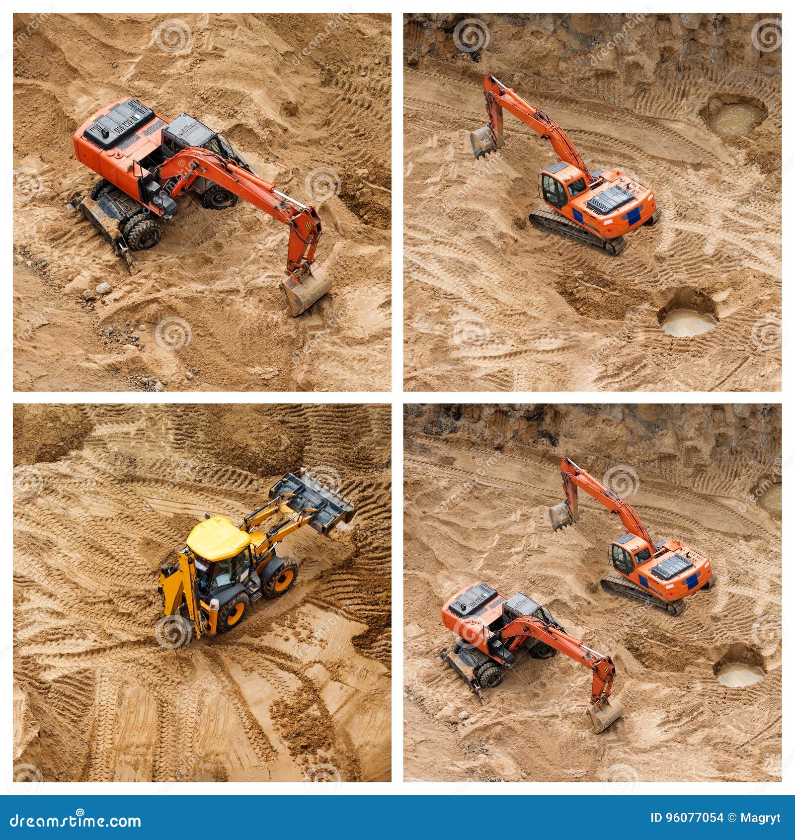 Set of Excavators at Sandpit during Earthmoving Works. Construction of ...