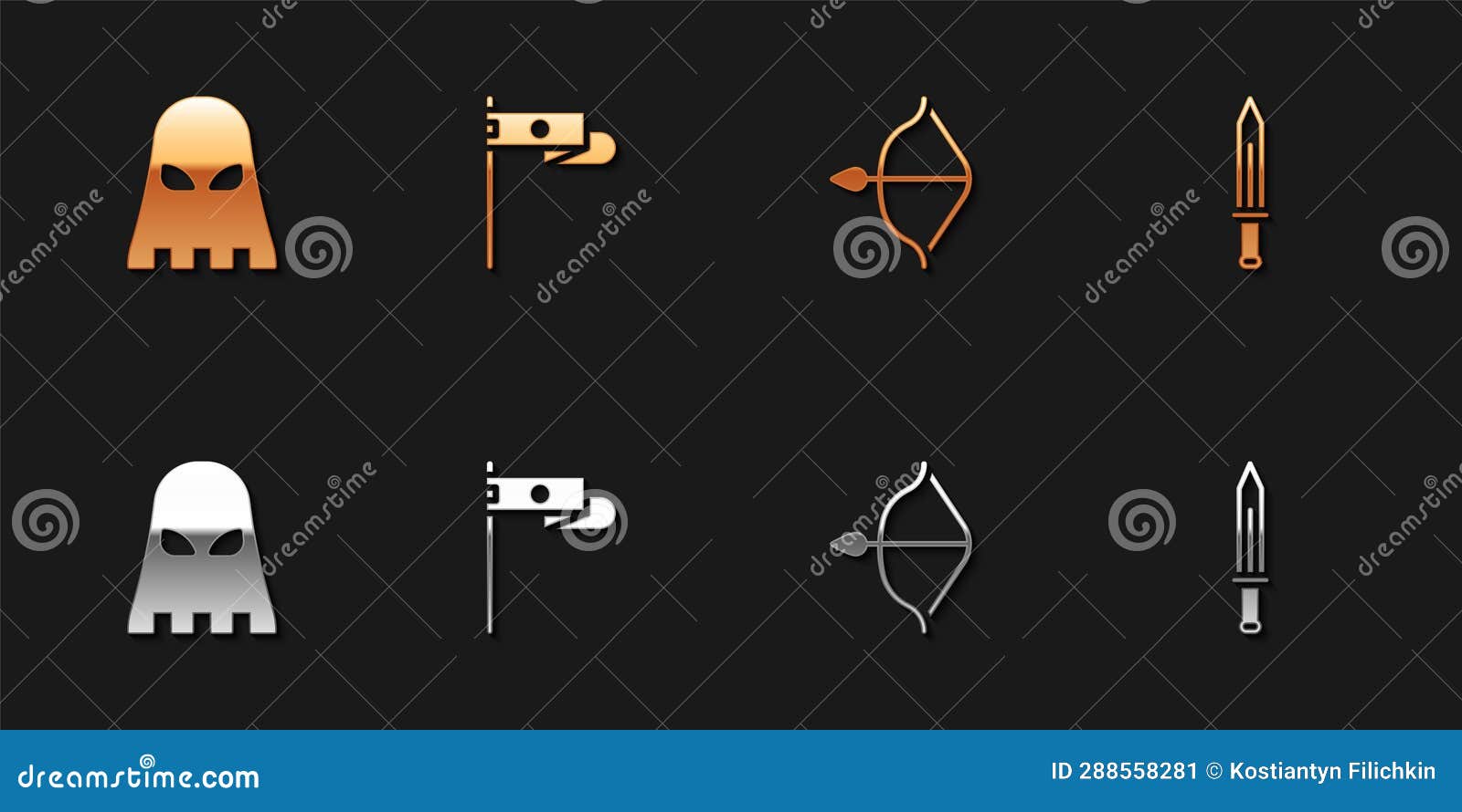 Set Executioner Mask, Medieval Flag, Bow and Arrow and Sword Icon ...