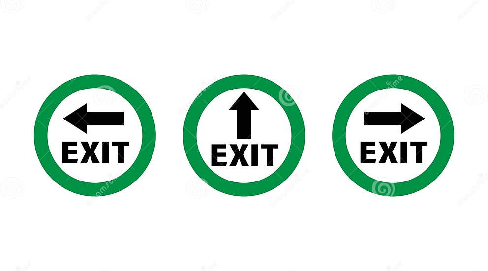 Set of Exit Round Signs with Green Borders, Arrows and Text. Stock ...