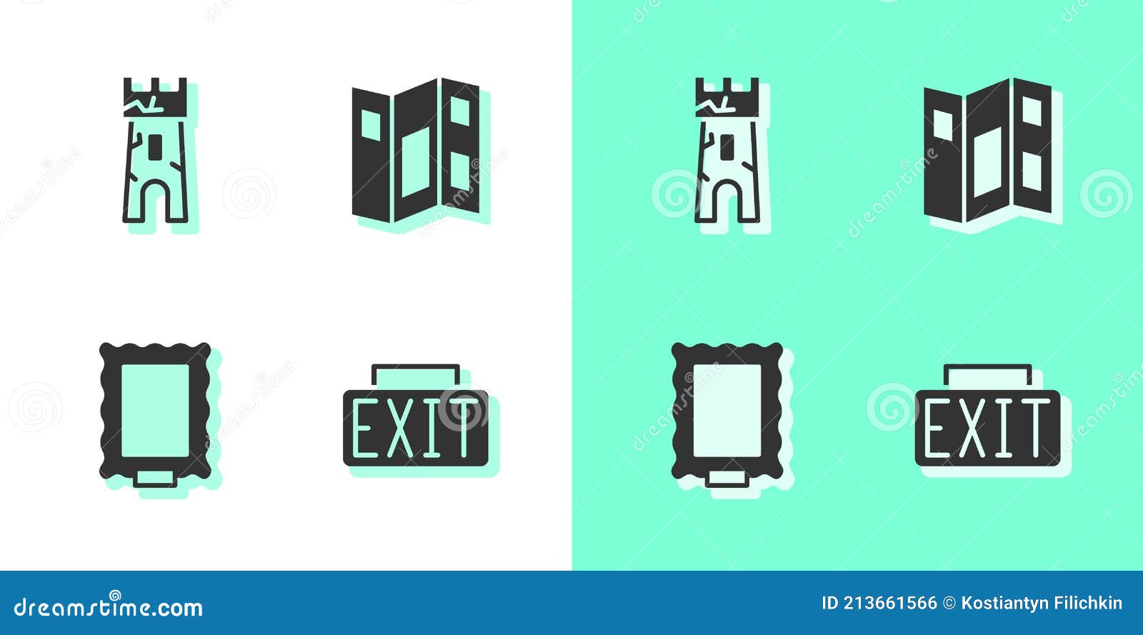 Set Exit Sign, Castle Tower, Picture and Museum Guide Brochure Icon ...