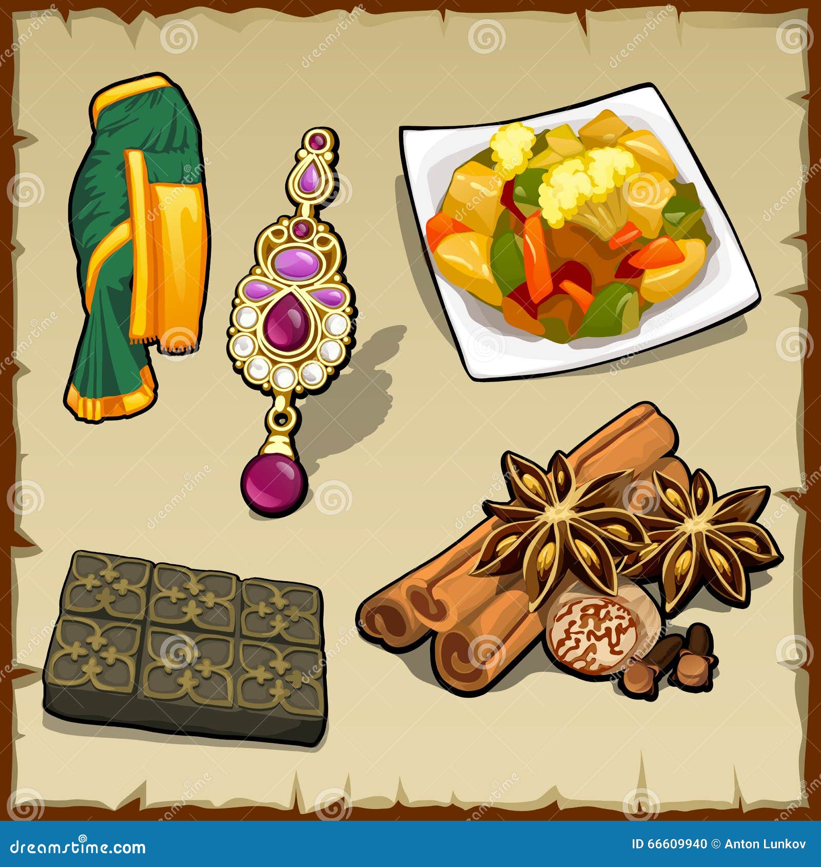 Set of Exotic Items, Food, and Spices Stock Vector - Illustration of ...