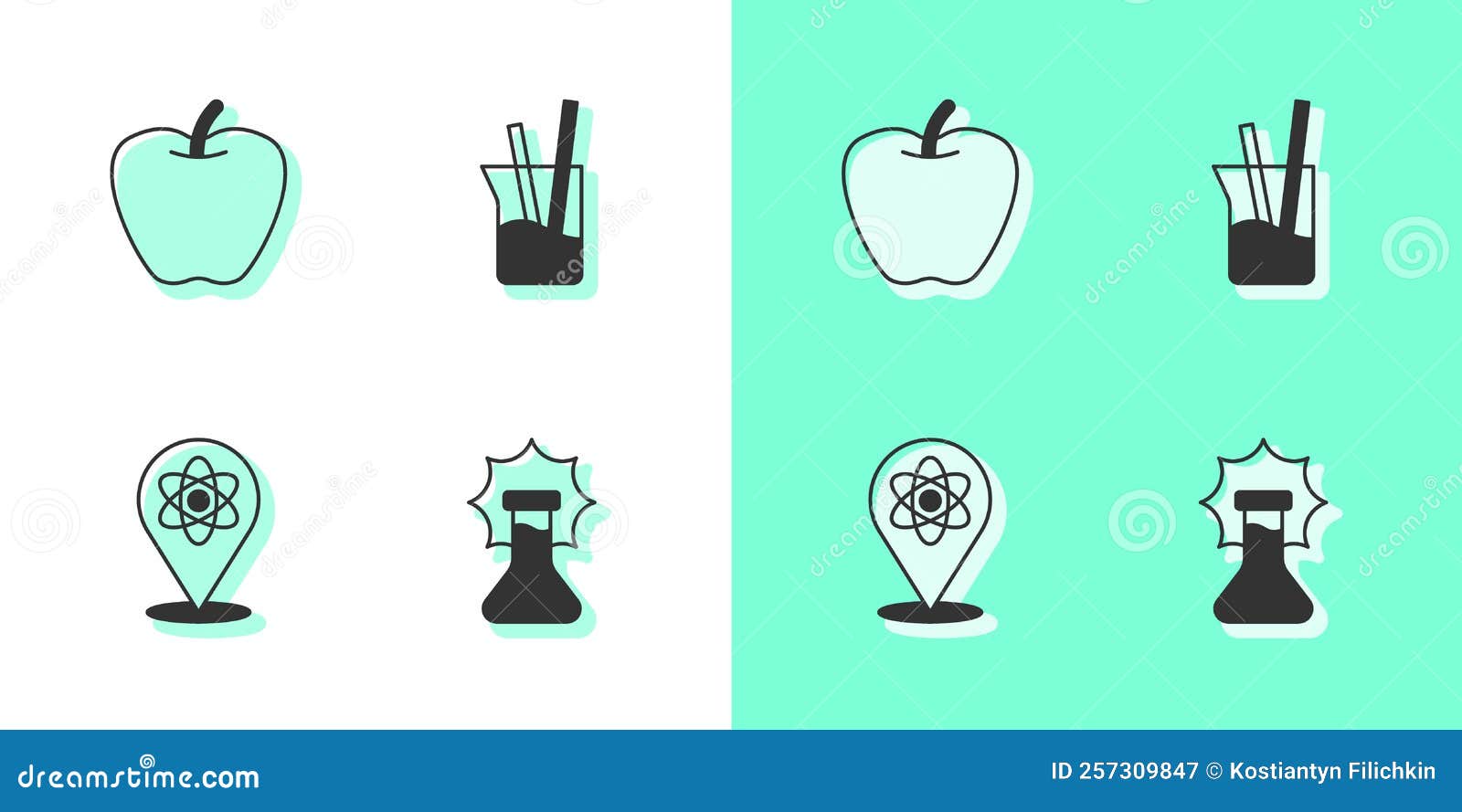 Set Explosion in the Flask, Apple, Atom and Laboratory Glassware Icon ...