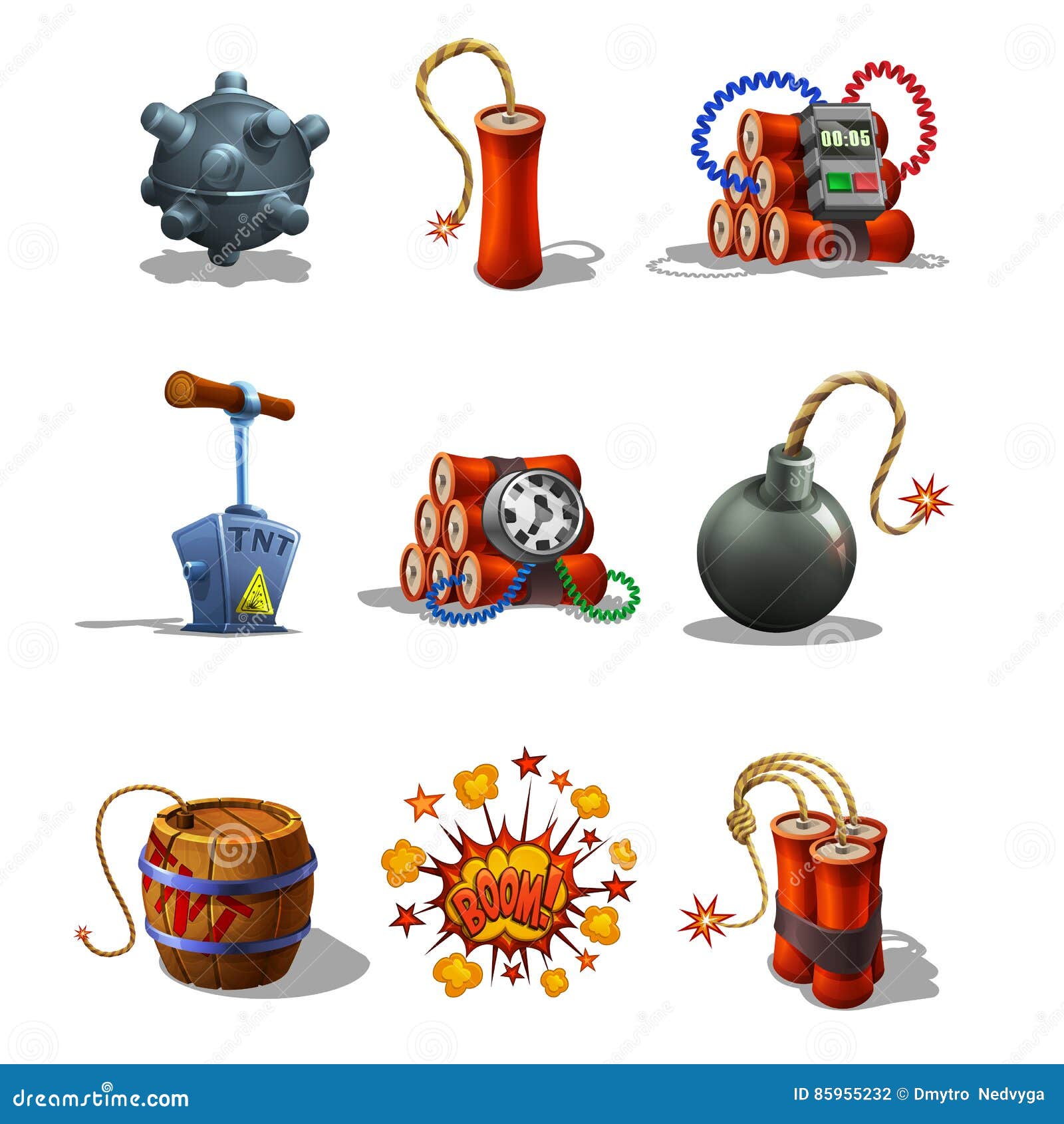 Set of Explosive Icons and Detonating Fuse on White Background. Stock ...