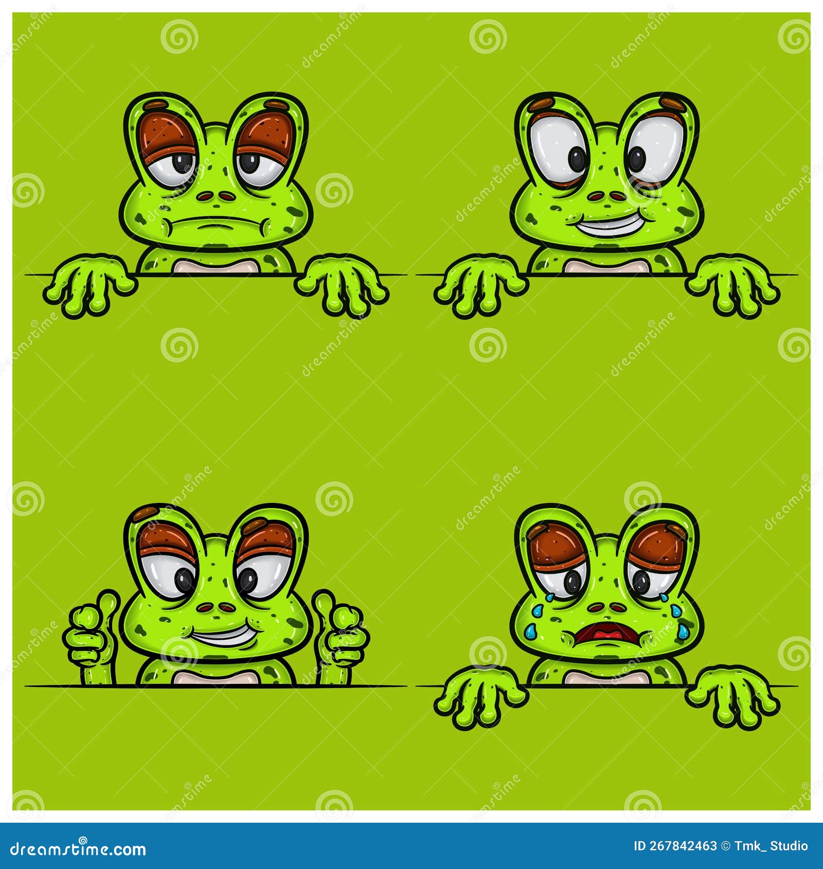 Set of Expression Frog Face Cartoon. Bored, Crying, Smug and Happy Face ...
