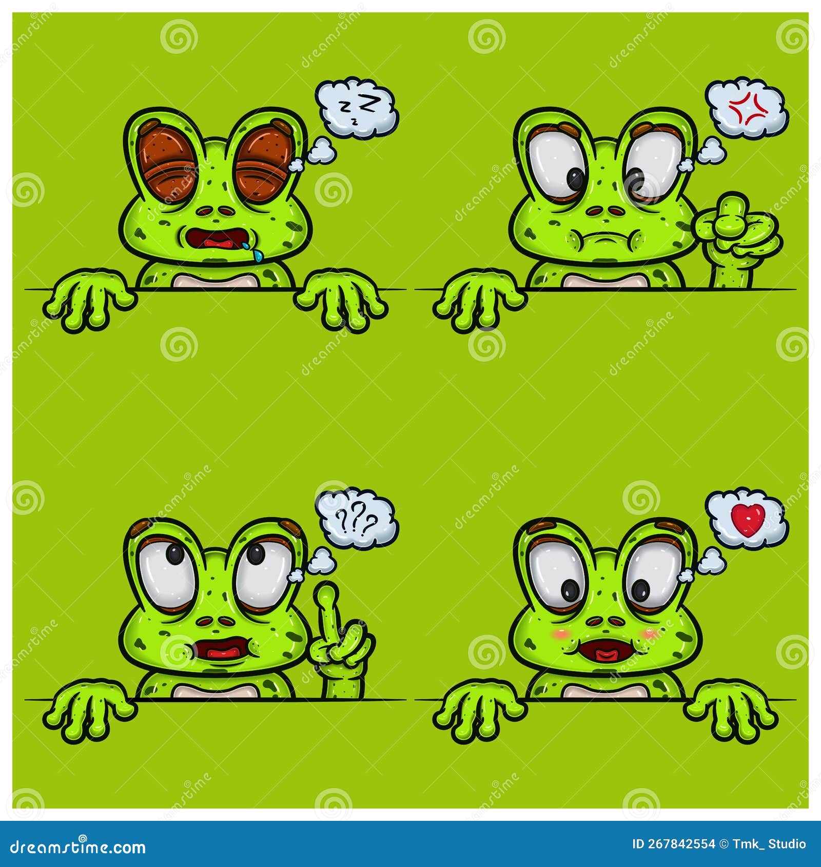 Set of Expression Frog Face Cartoon. Sleep, Angry, Confused and Loving ...