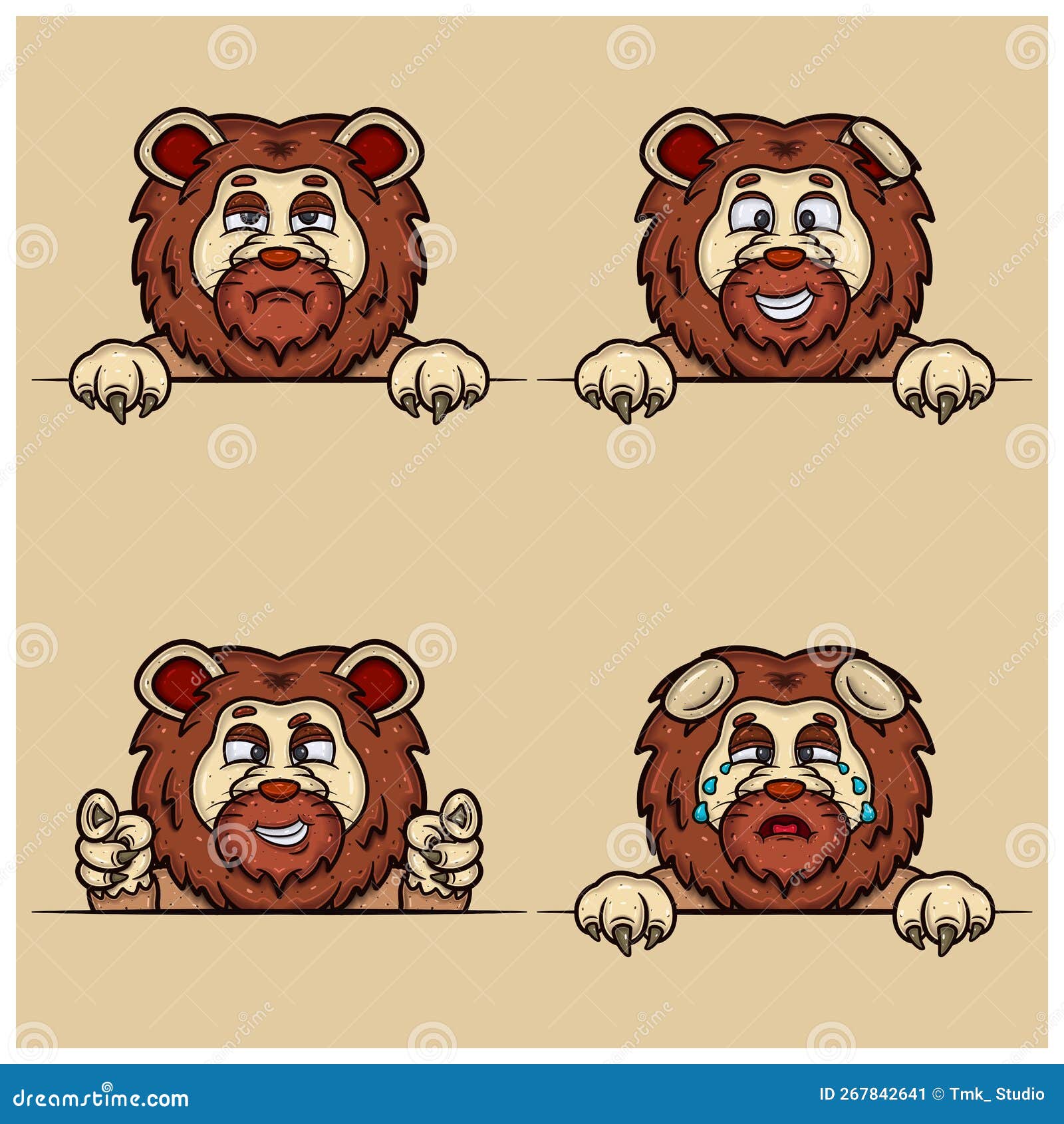 Set of Expression Lion Face Cartoon. Bored, Crying, Smug and Happy Face ...