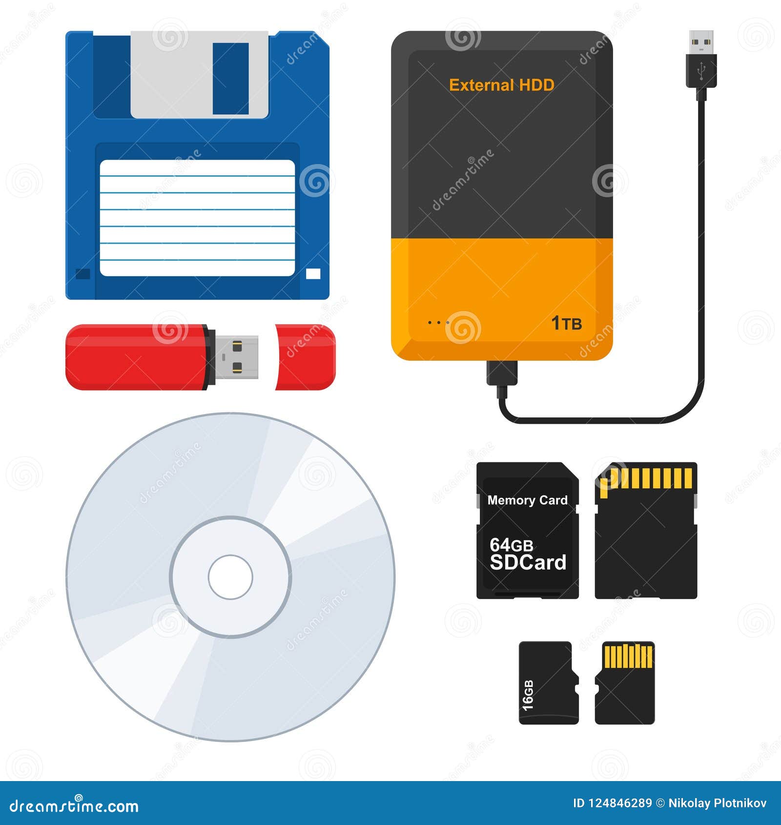 Set Of External Storage Media: Floppy Disk, External Hard Disk Drive ... Set Of External Storage Media: Floppy Disk, External Hard Disk Drive ...