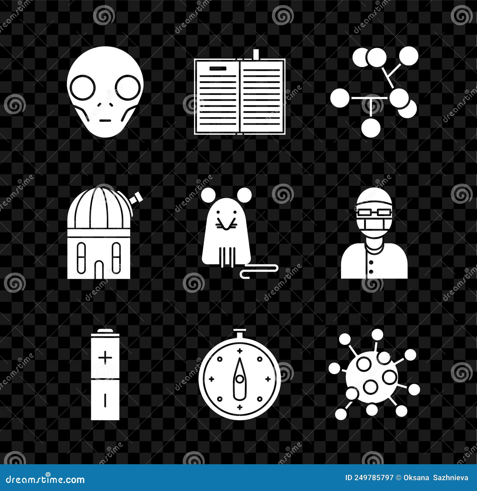 Set Extraterrestrial Alien Face, Open Science Book, Molecule, Battery ...