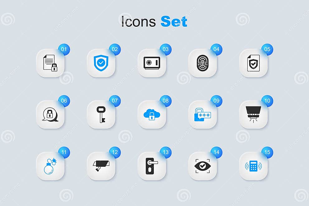 Set Eye Scan, Old Key, Shield with Check Mark, Bomb, Security Keypad ...