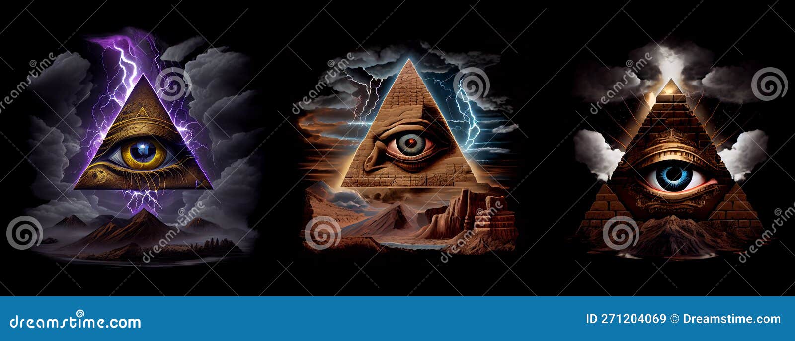 Set of Eyes of Providence with Pyramid and Lightning. AI Generative ...