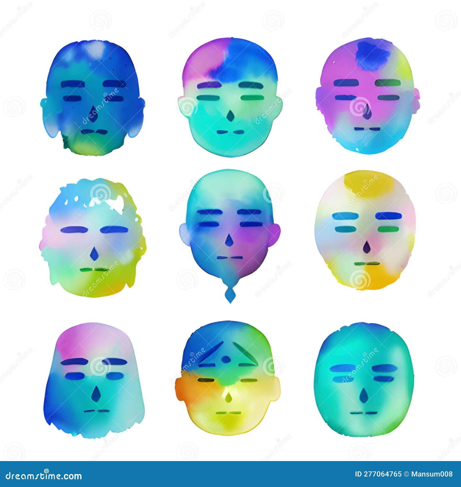Set of Face with Different Emotions. Watercolor Illustration Style, AI ...