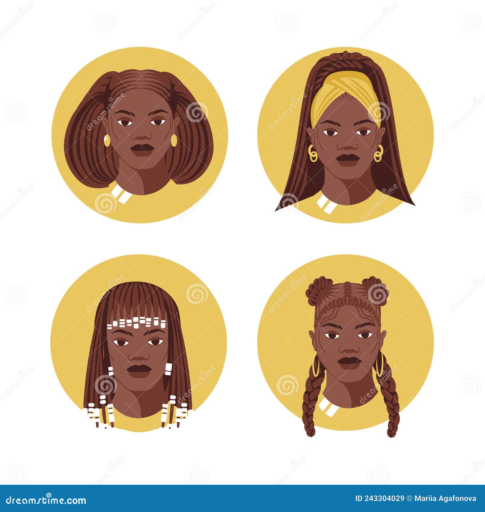 Set Of Faces Of Black Women With Different Traditional African