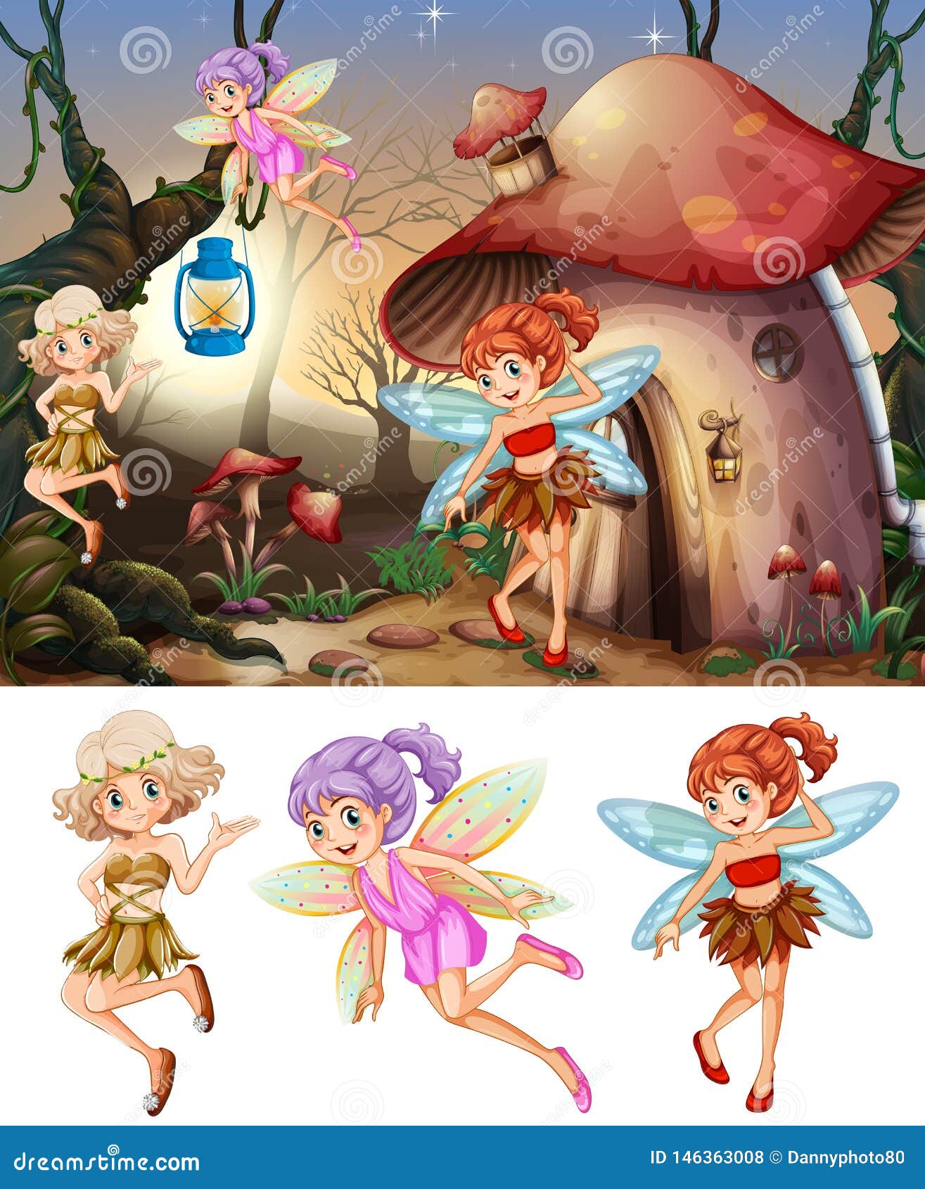 Set of Fairies in Wood Scene Stock Vector - Illustration of girl ...