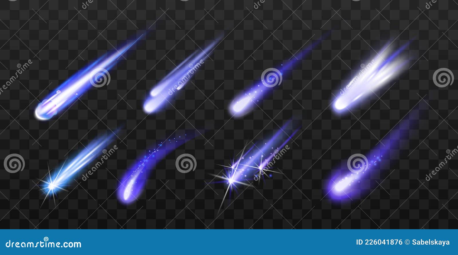 Set of Falling Blue Meteors or Comets, Realistic Vector Illustration ...