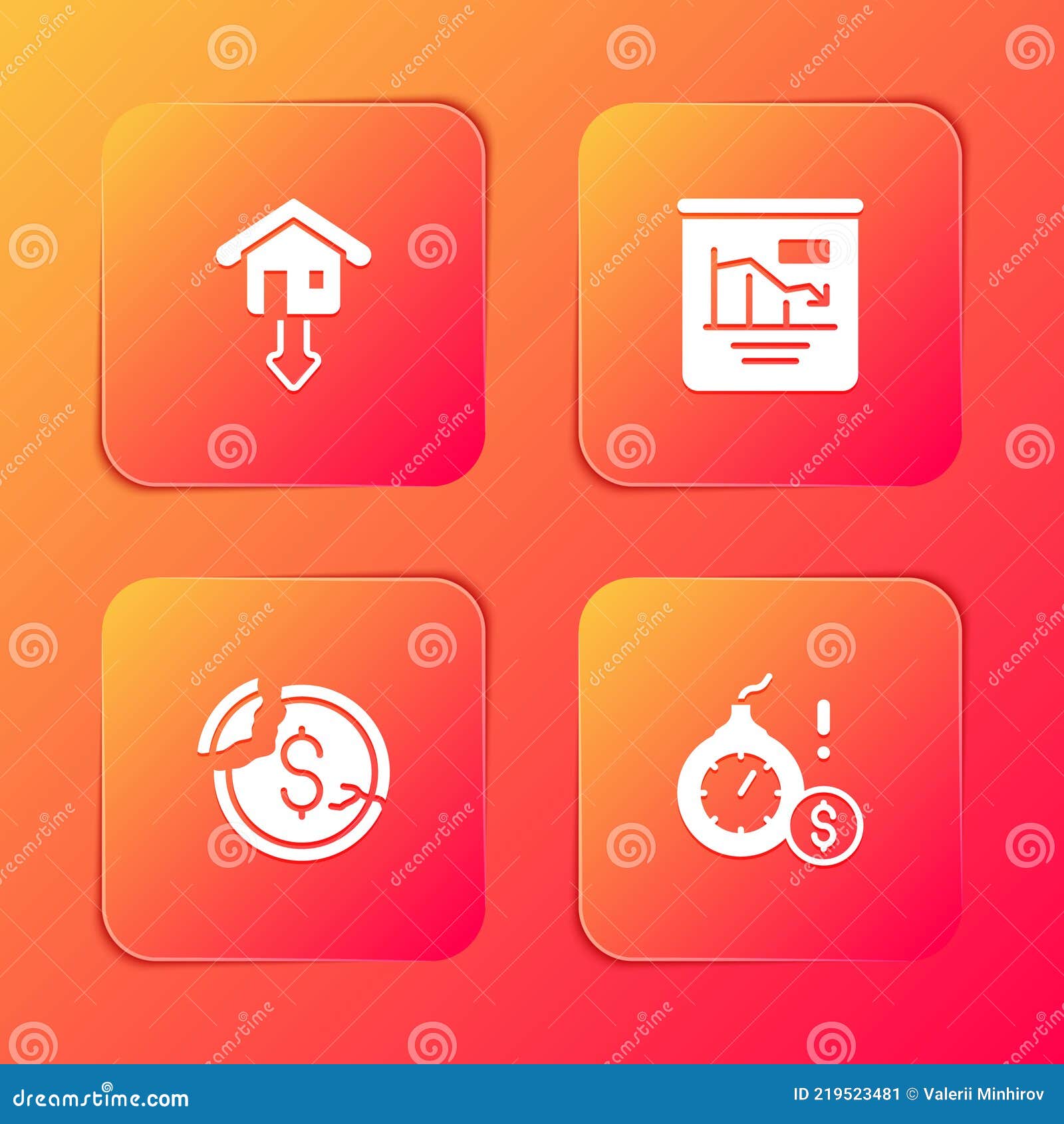 Set Falling Property Prices, Pie Chart Infographic, Dollar Rate Decrease and Money Bomb Dollar ...