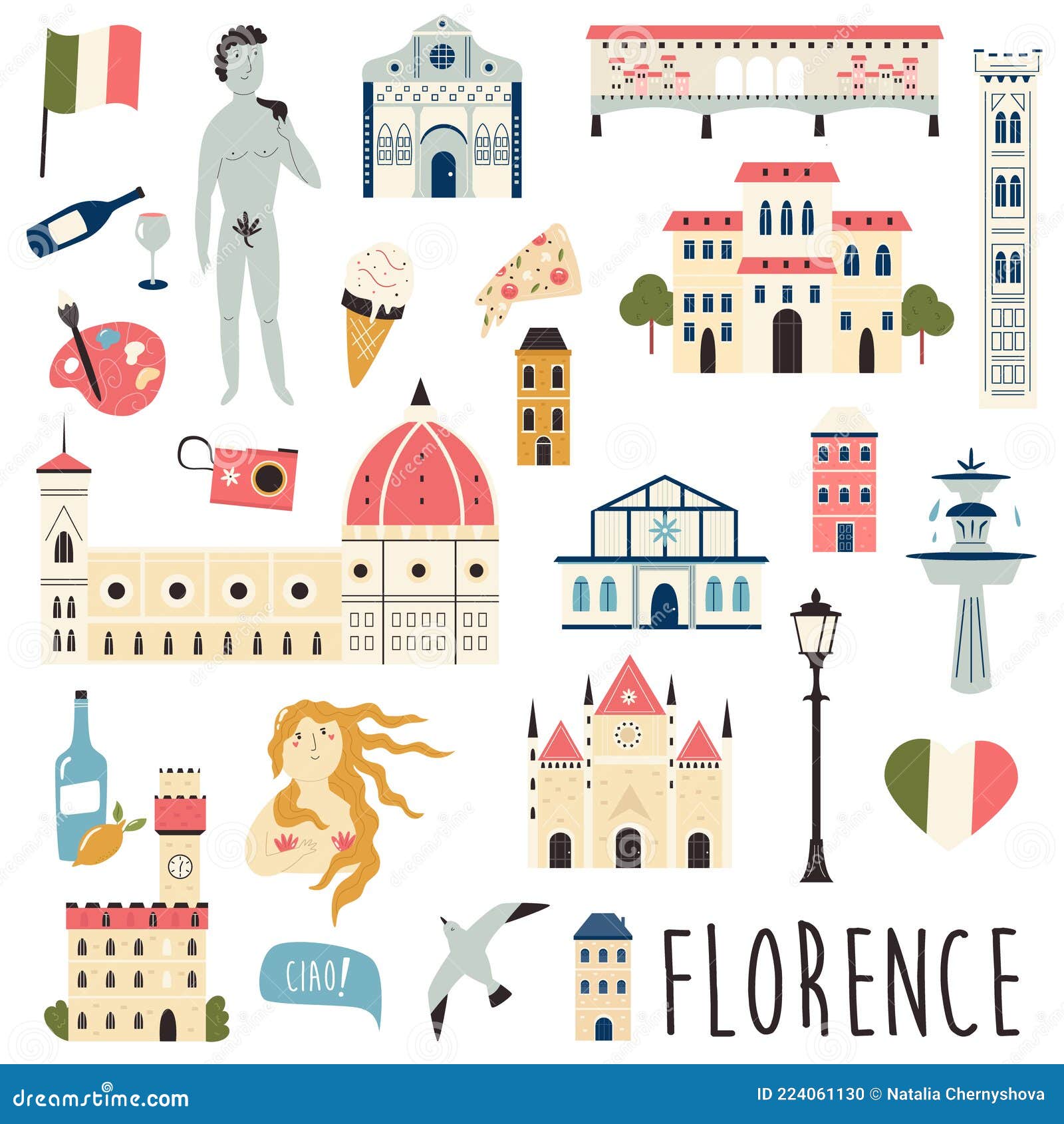 Set of Famous Symbols and Landmarks of Florence Vector Bright Set of ...