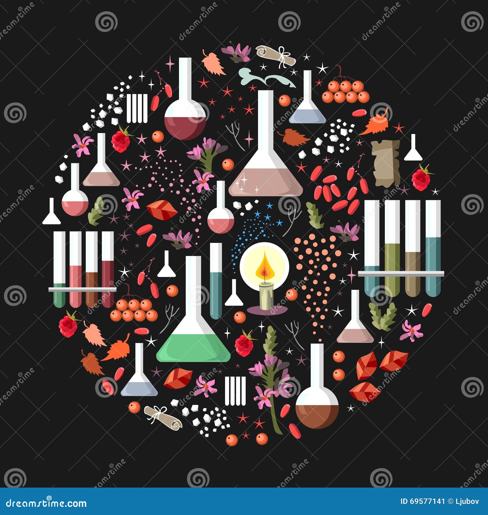 Set of Fantasy Alchemy Elements on Black Background. Stock Vector ...