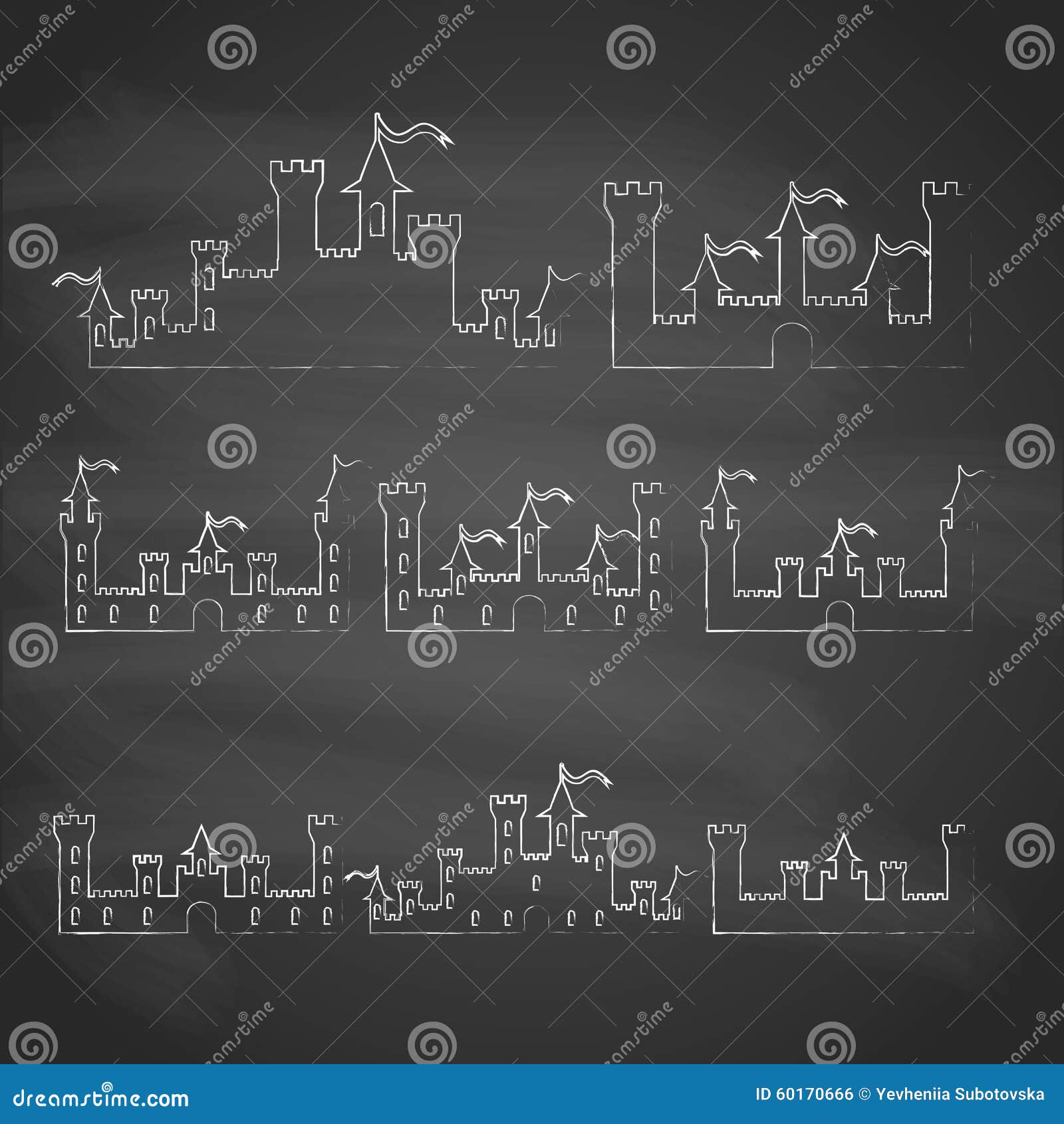 Set of Fantasy Castles Chalk Silhouettes for Design. on Grey Background ...