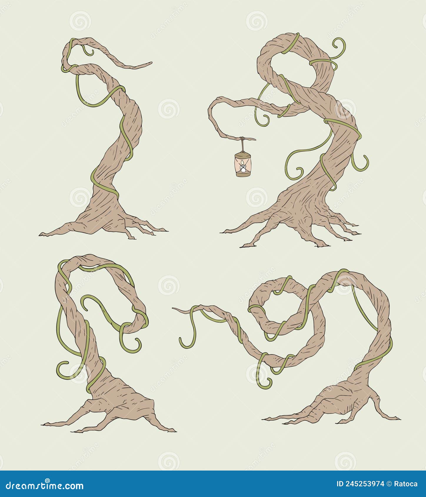 Set of Fantasy Tree Trunk Draw Stock Vector - Illustration of root ...
