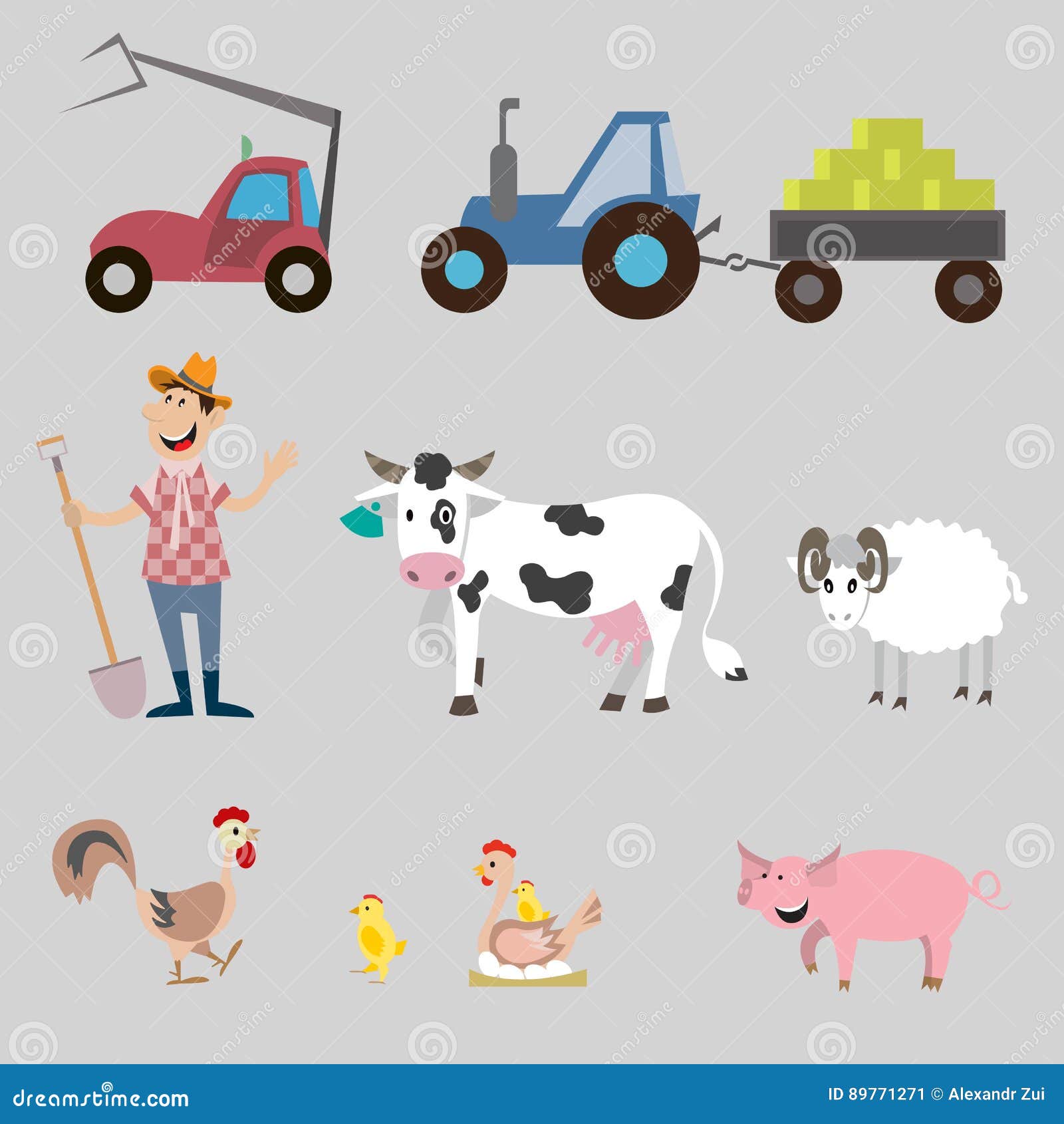 Set of Farm Animals and Equipment Stock Vector - Illustration of fork ...