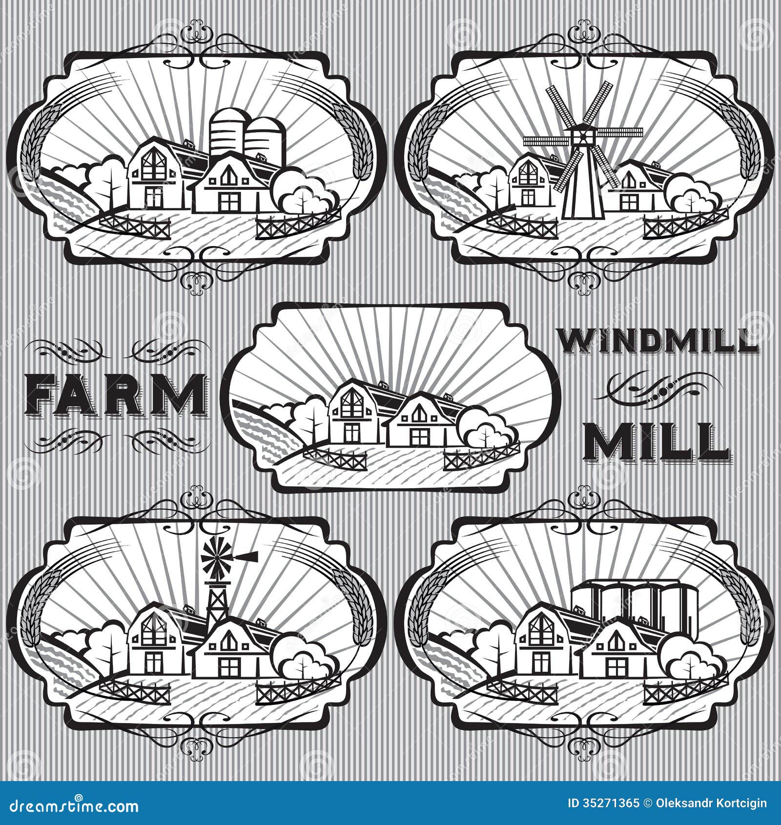 Set of Farm, Mill, Windmill, Rural Landscape Stock Vector ...