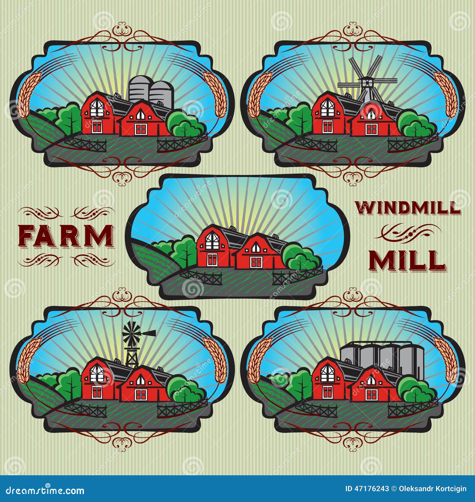 Set of Farm, Mill, Windmill, Rural Landscape Stock Vector ...