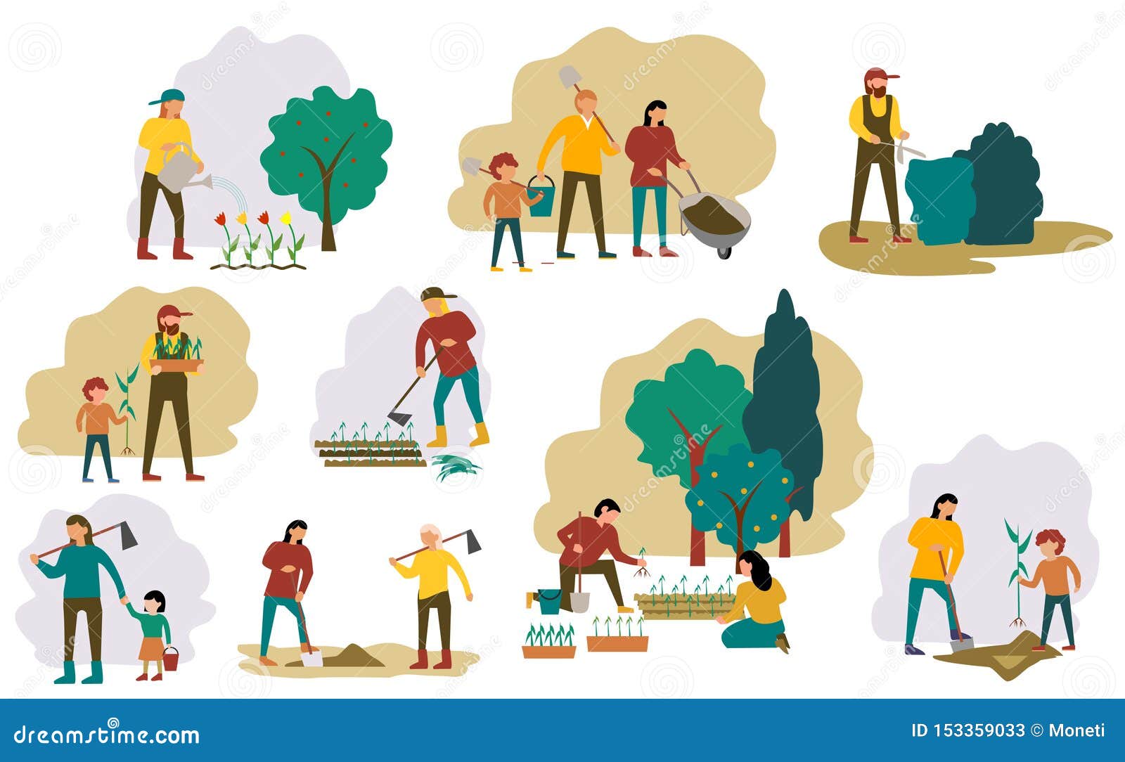 Set Of Farmers Or Agricultural Workers Planting Crops Flat Cartoon