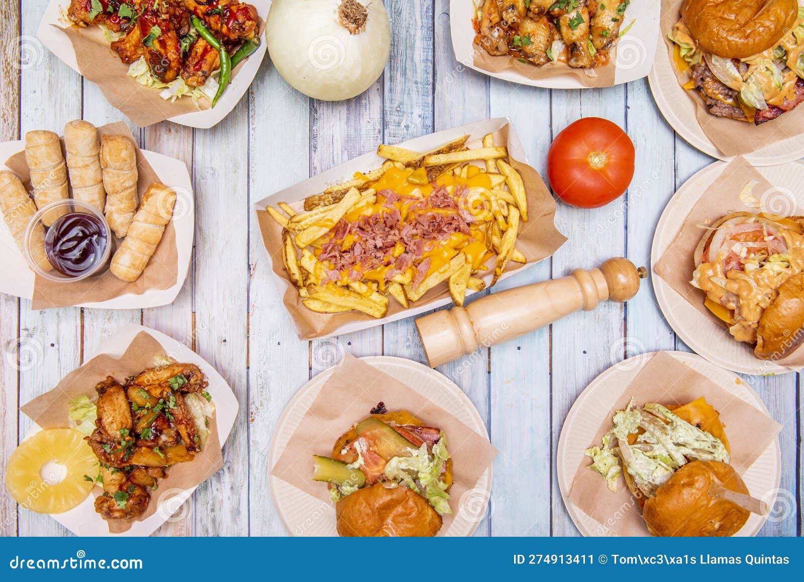 Set of Fast Food Dishes on Cardboard Stock Image - Image of delicious ...