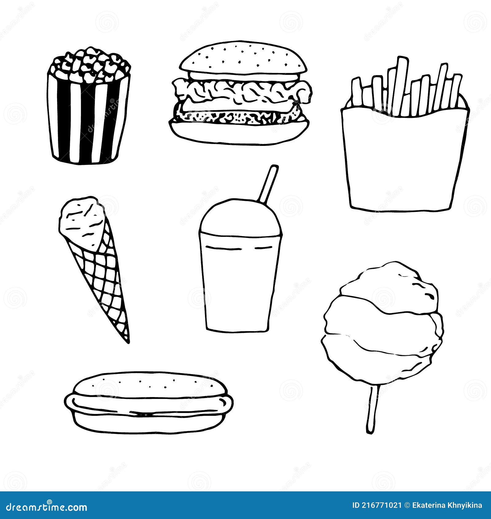 Set of Fast Food and Sweets, Vector Illustration, Hand Drawn Doodles ...