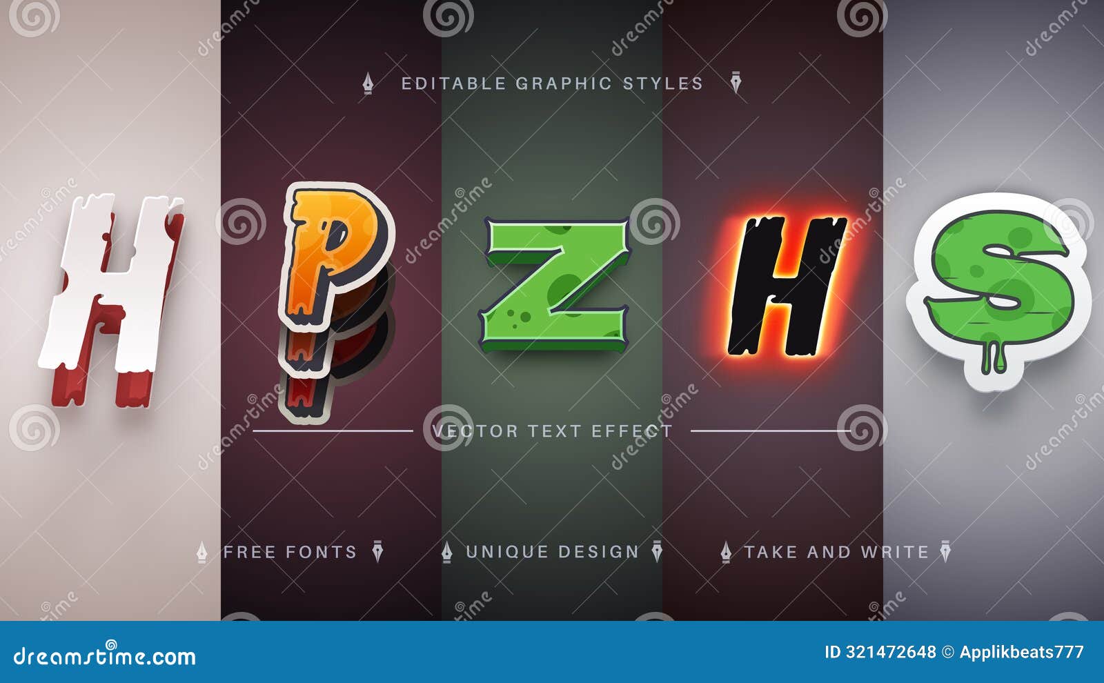 Set 5 Fear Editable Text Effects, Font Styles Stock Vector ...