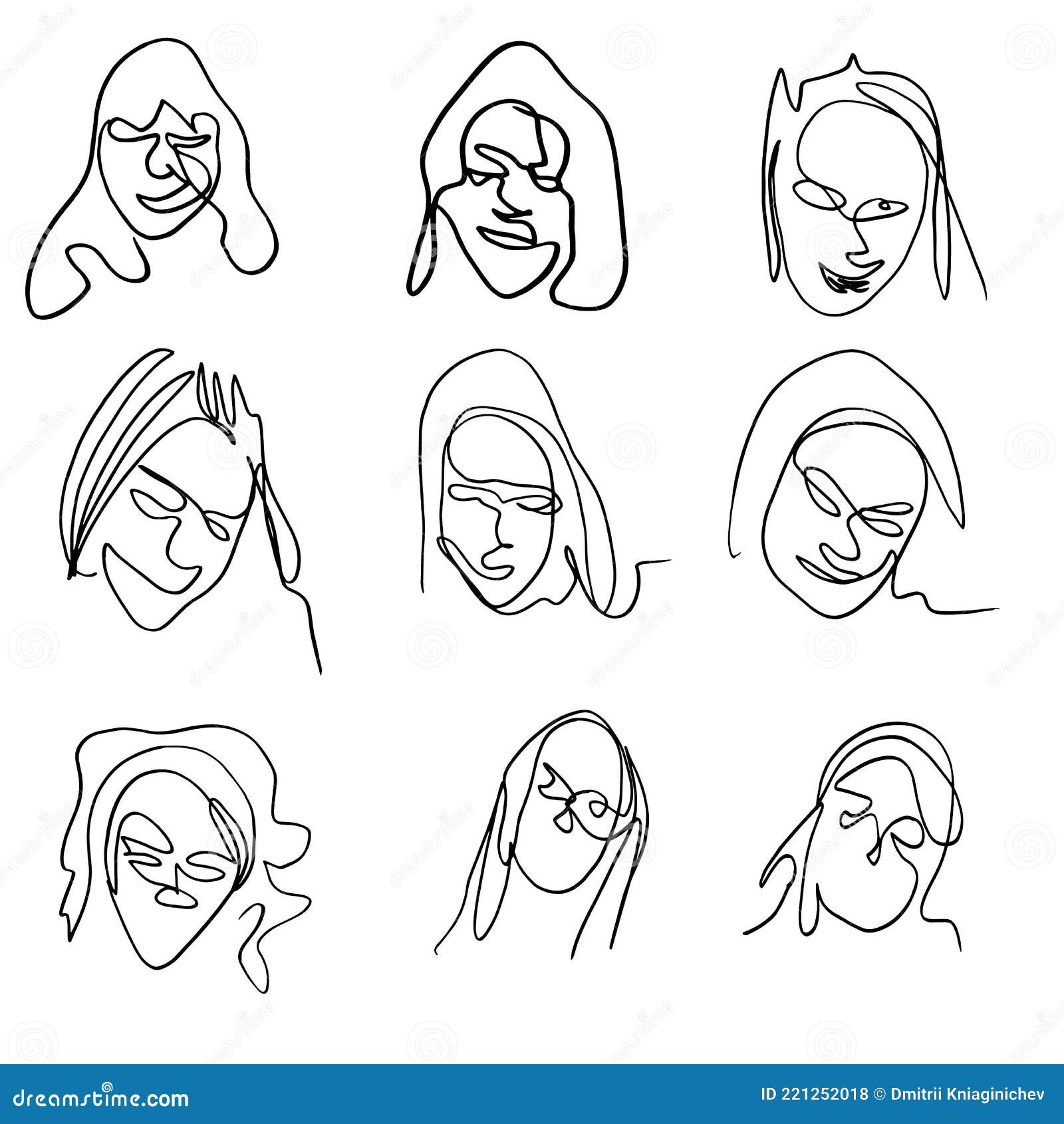 A Set of Female Faces Drawn by Hand in a Single Line. Drawing in a ...