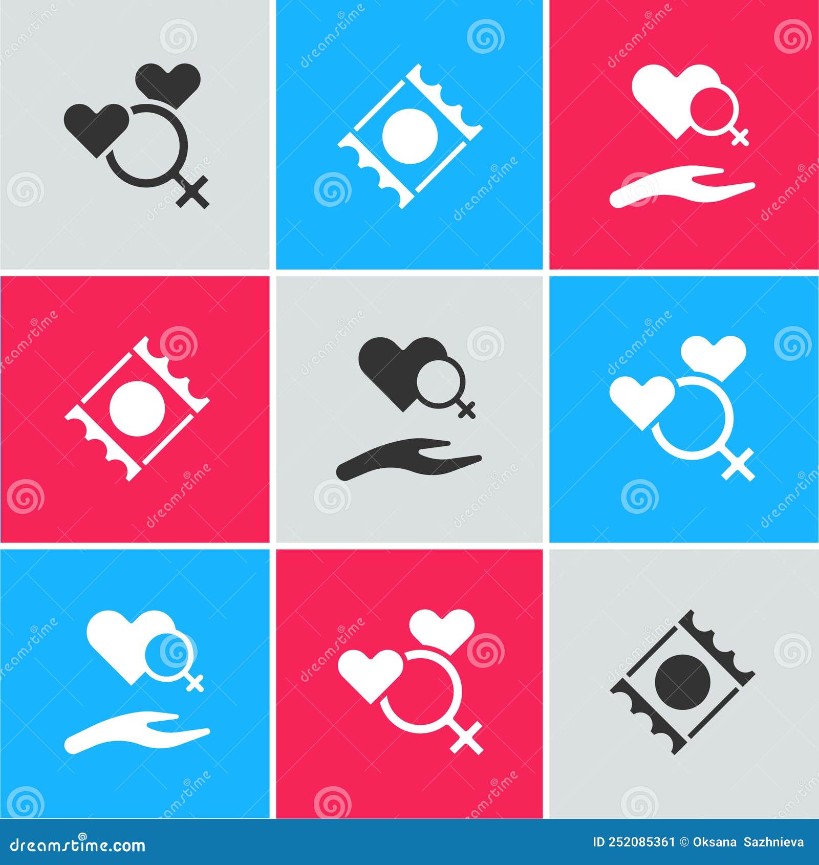 Set Female Gender Condom In Package And Heart With Female Icon Vector