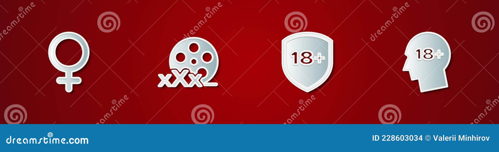Set Female Gender Symbol Film Reel With Sex Shield 18 Plus And Head
