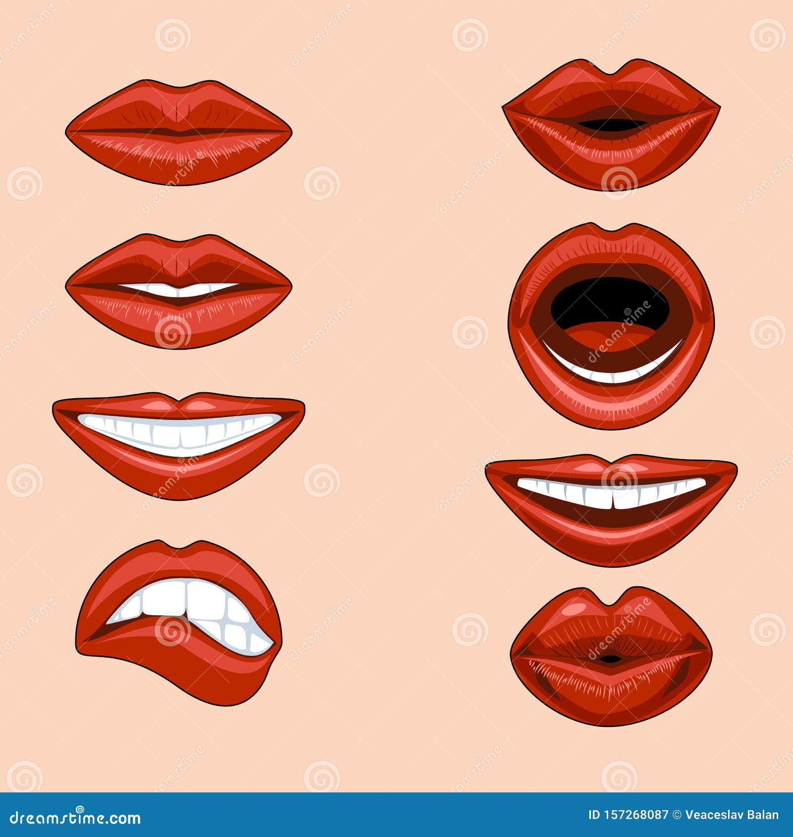 Set of Female Lips Expressing Different Emotions in a Comic Style Stock ...