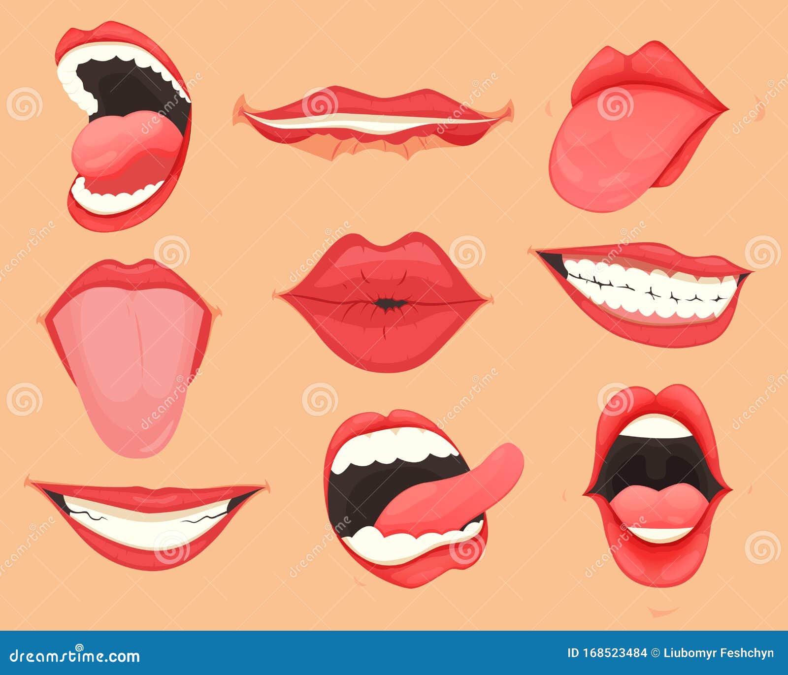 Set of Female Lips with Various Mouth Emotions and Expressions. Vector ...