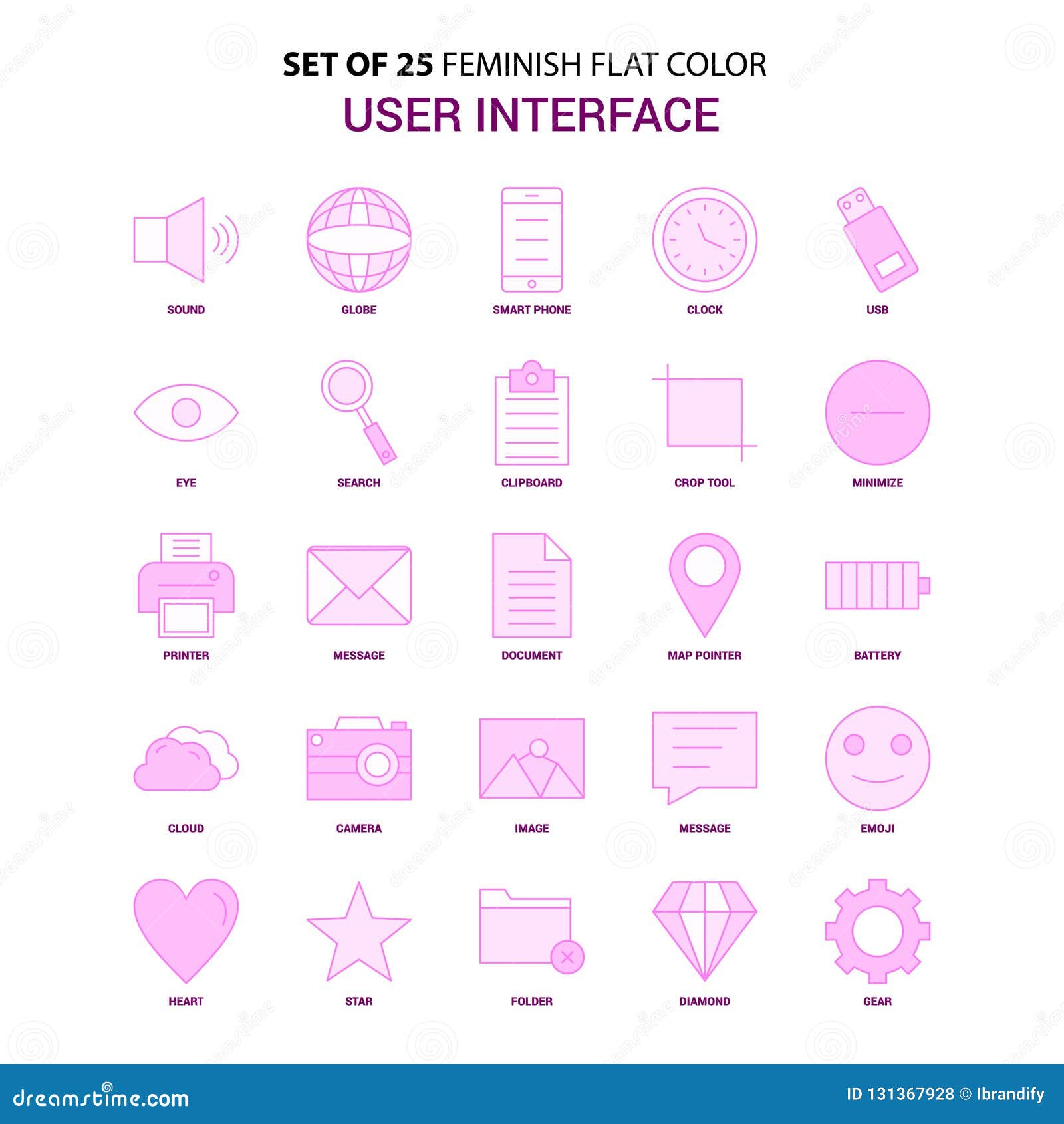 Set of 25 Feminish User Interface Flat Color Pink Icon Set Stock Vector ...