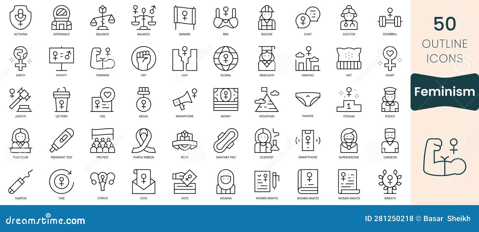 Feminism Icons. Female Symbol. Flat And Line Art Style Vector ...