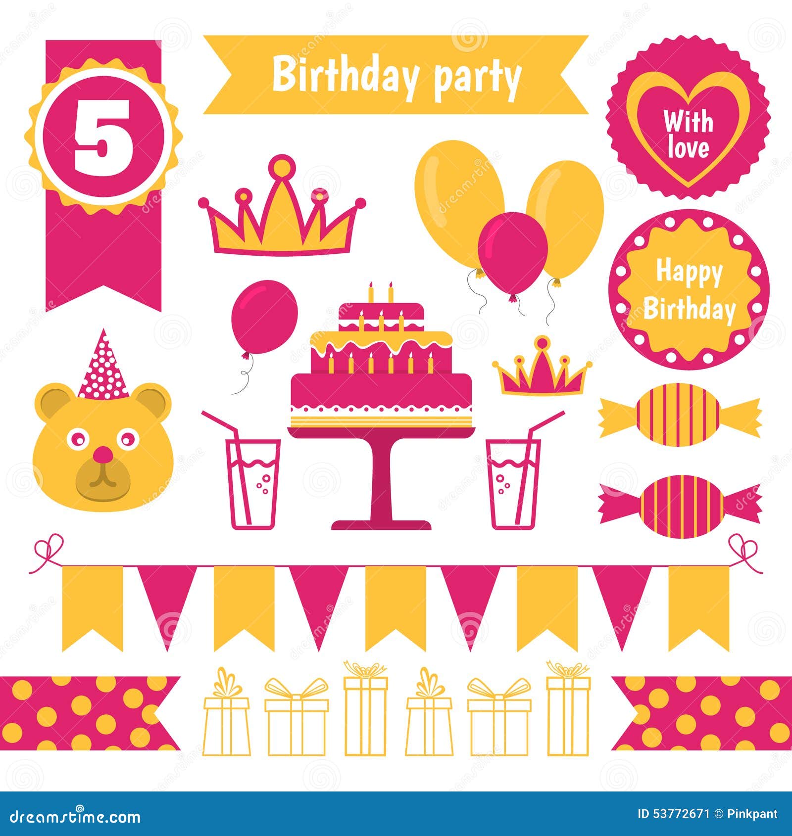 Set of Festive Birthday Party Elements. Flat Design Stock Vector ...