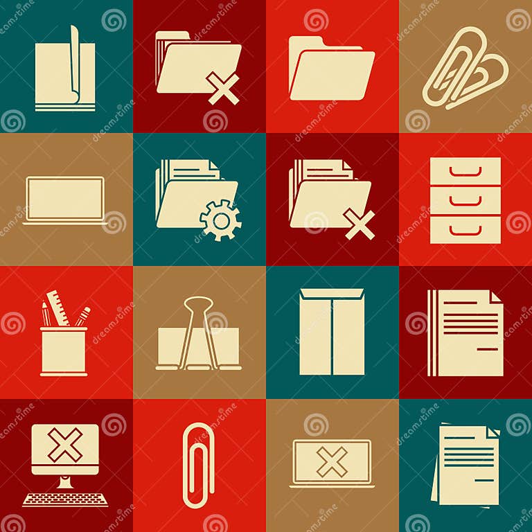 Set File Document, Drawer with Documents, Document Folder, Folder Settings Gears, Laptop, and ...