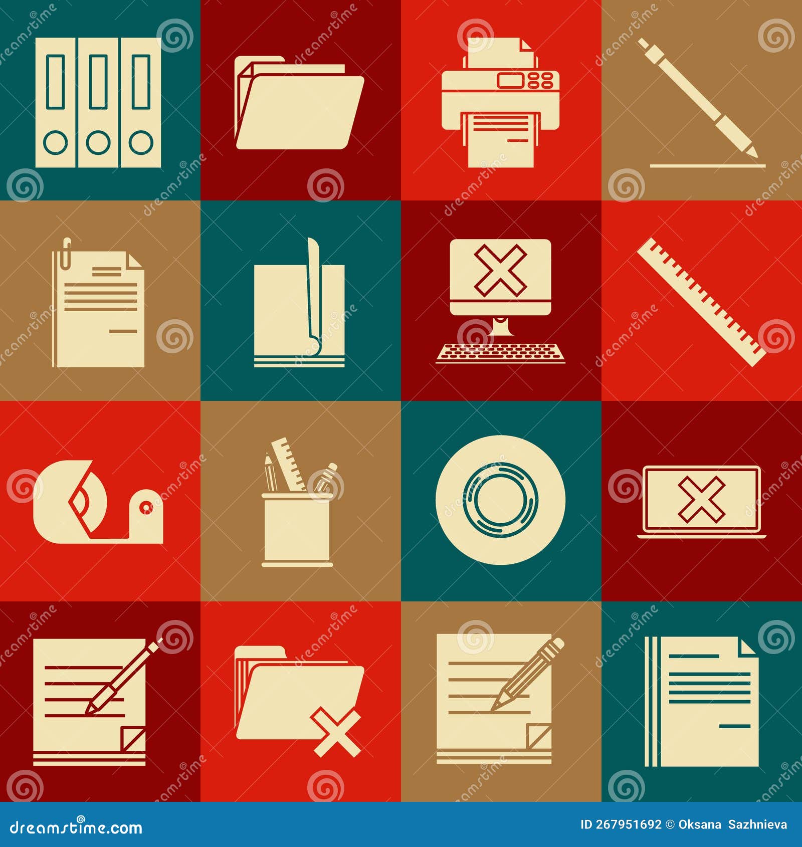 Set File Document, Laptop and Cross Mark on Screen, Ruler, Printer ...